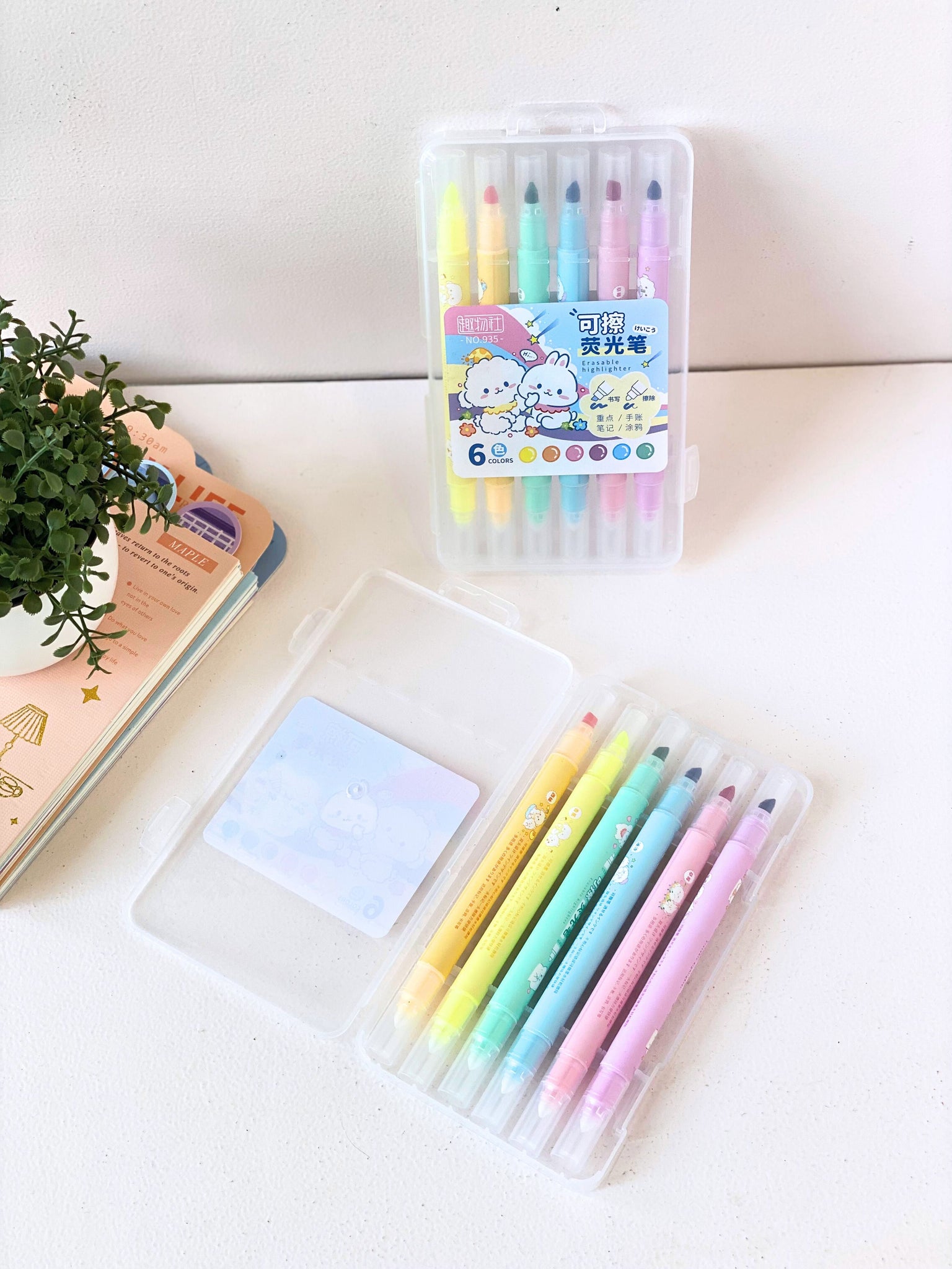 Pastel Erasable Highlighter Pen Set | 6-Color Cute Cartoon Highlighter ...